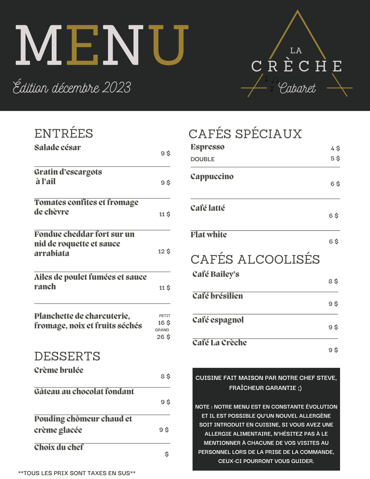 Menu des soupers spectacle - Cabaret La Crèche
