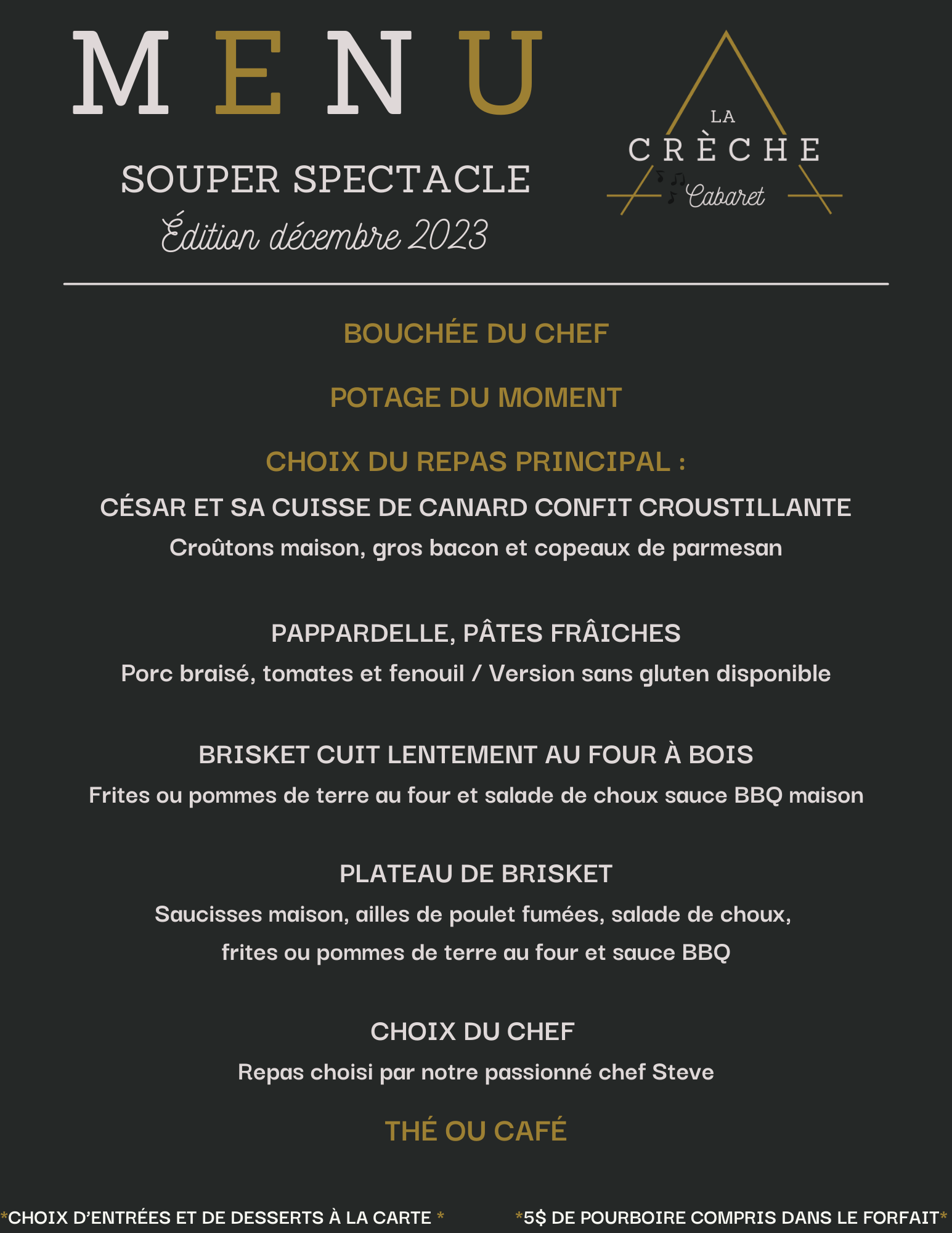 Menu des soupers spectacle - Cabaret La Crèche