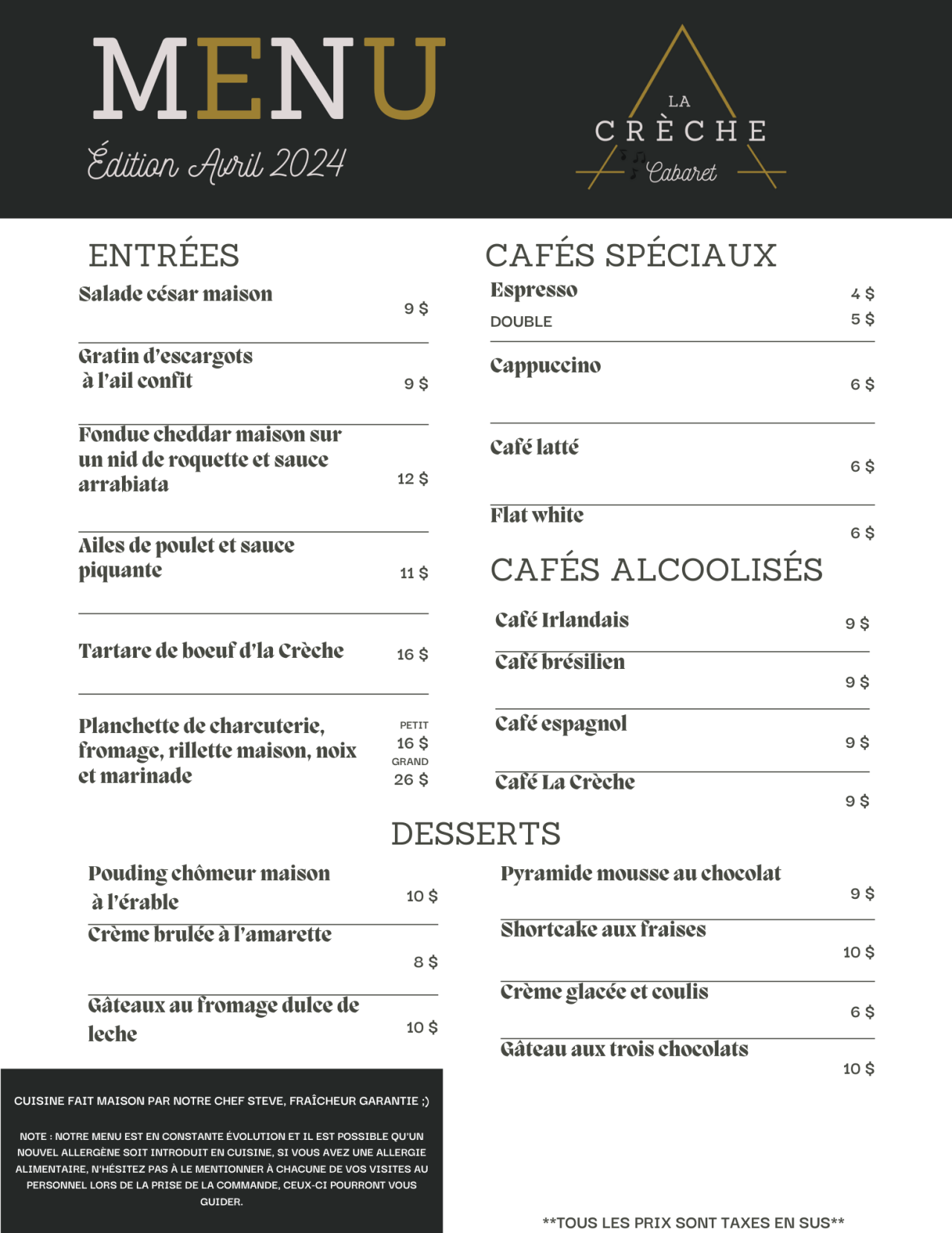 Menu des soupers spectacle - Cabaret La Crèche